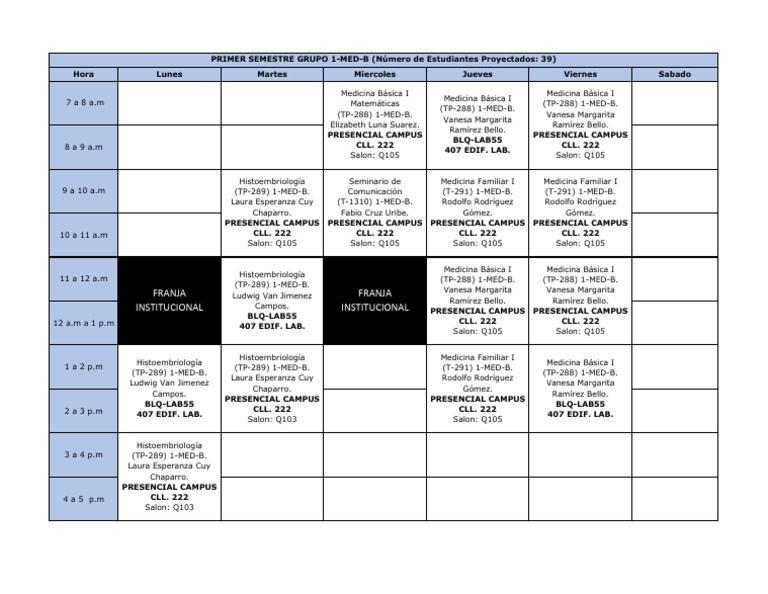 Horario Clases Medicina Básica 1-MED-B | PDF