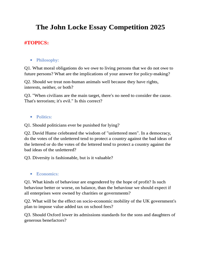 2025 John Locke Essay Competition Topics | PDF