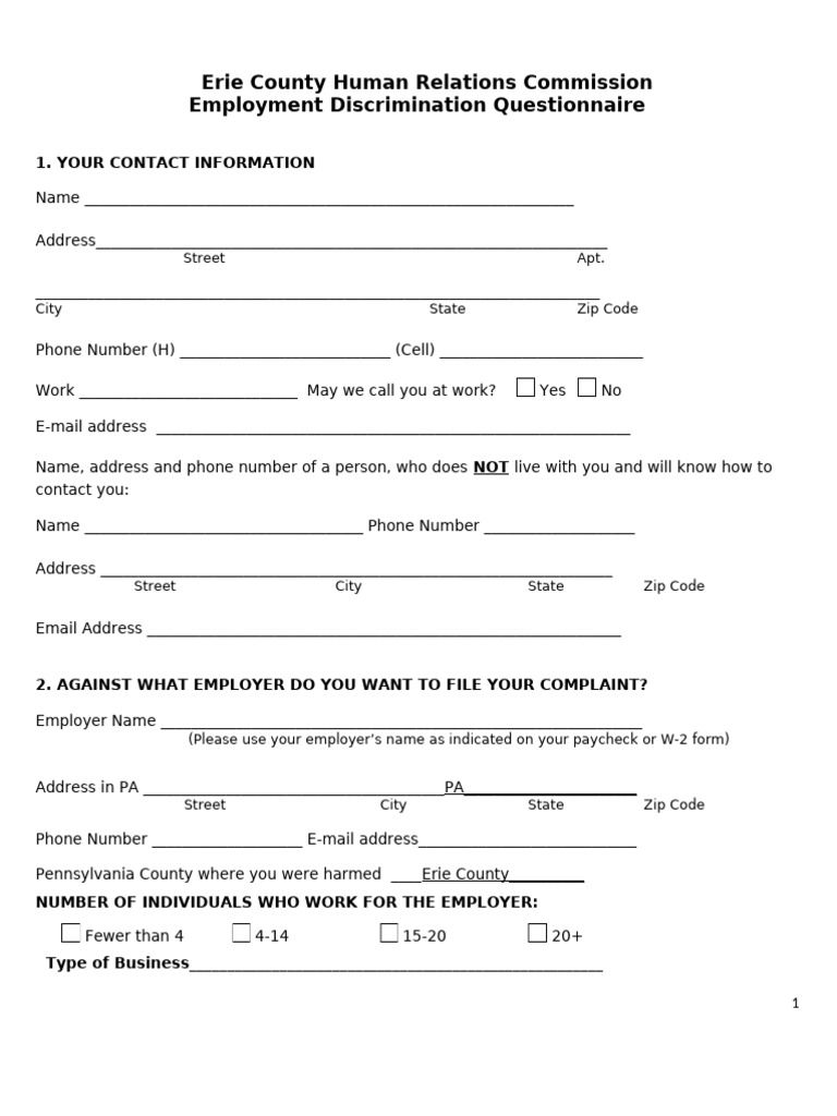 Erie County Employment Discrimination Form | PDF | Disability | Employment