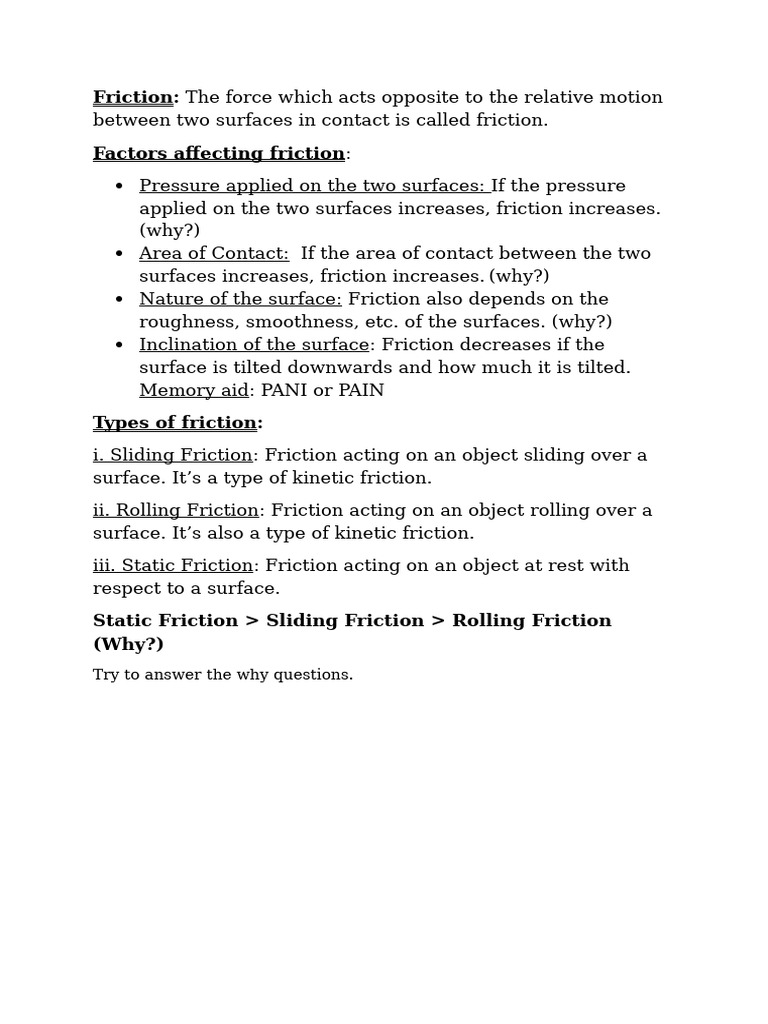 Types of Friction Explained for Class 8 | PDF
