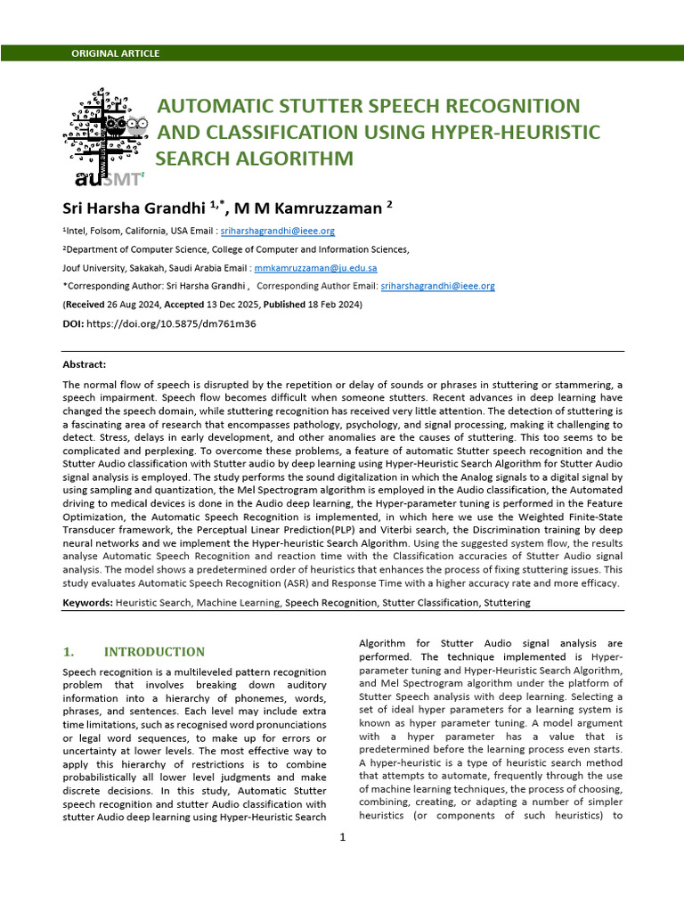 Automatic Stutter Speech Recognition and Classification Using Hyper-Heuristic Search Algorithm ...