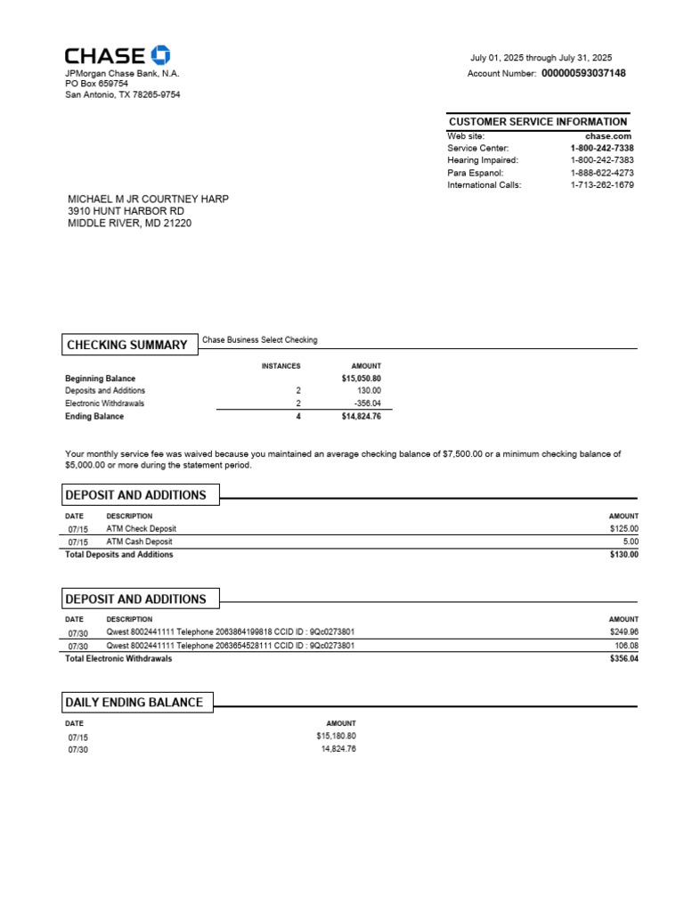 Chase Bank Statement | PDF | Chase Bank | Financial Services