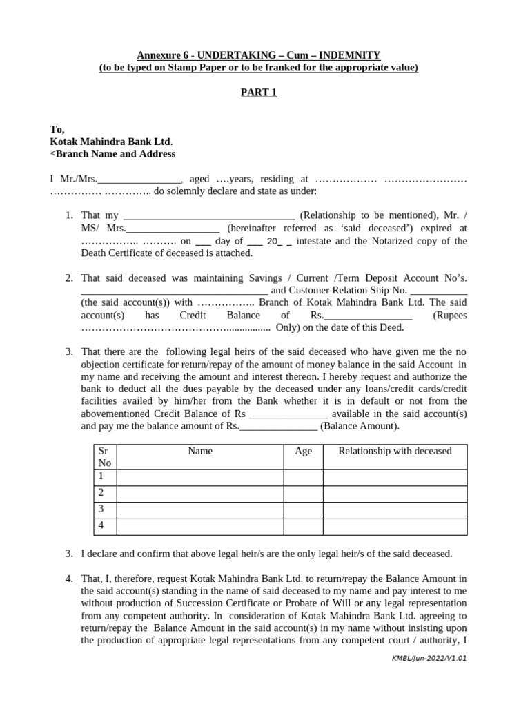 Undertaking Cum Indemnity Noc Legal Heirs New1 | PDF | Money | Personal Finance