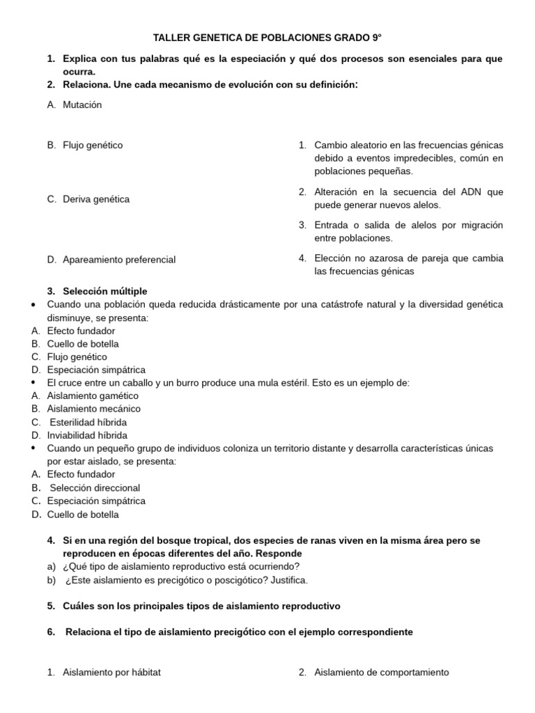 Taller Genetica de Poblaciones Grado 9 | PDF | Evolución | Seleccion ...