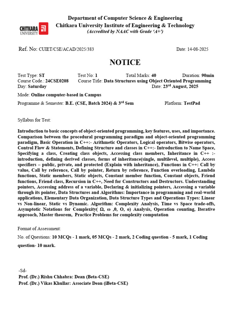 Circular_20250814094827_Announcement_Of_(st1)_Data_Structures | PDF | Class (Computer ...