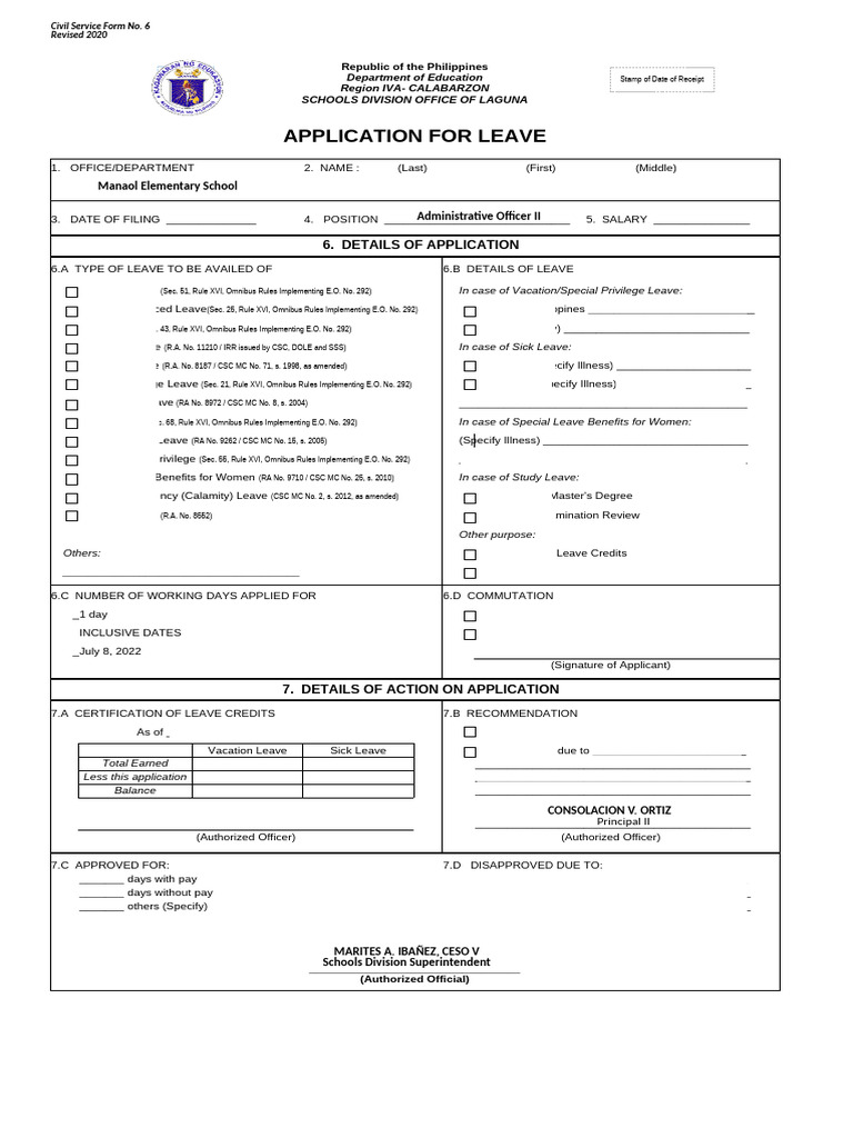 CS Form No. 6 Revised 2020 Application For Leave Fillable 2 | PDF | Parental Leave | Justice