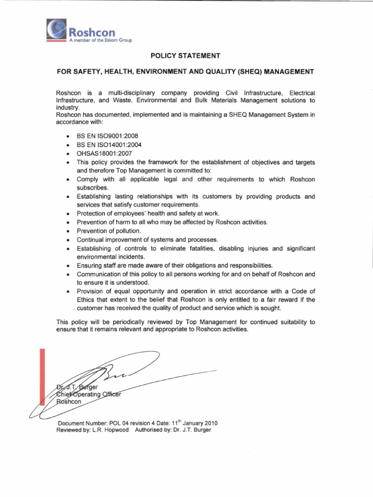 Roshcon SHEQ Management Policy Statement | PDF | Technology & Engineering