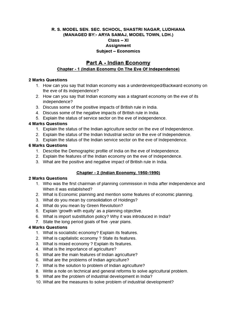 Class 11 Economics Assignment September Exams | PDF | Human Capital | Punjab