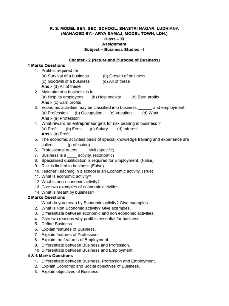 Business Studies Assignment for Class XI | PDF | Insurance | Sole ...