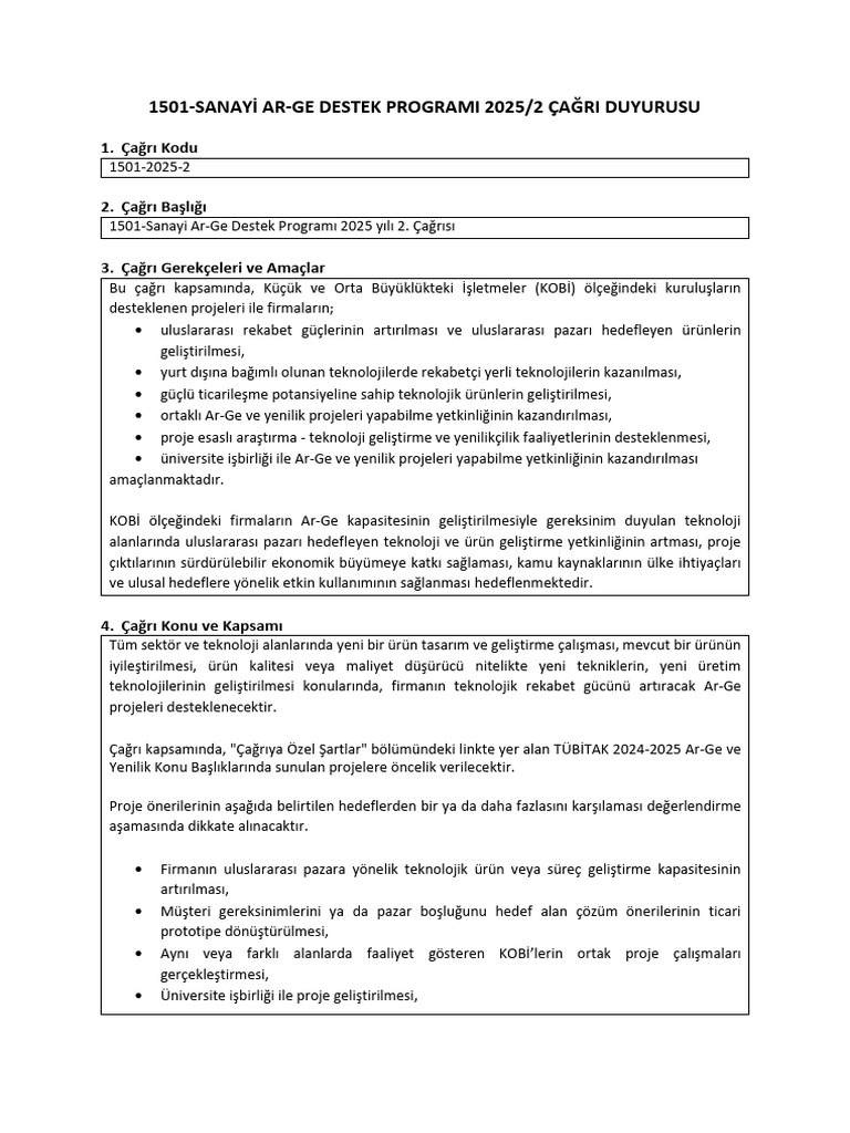 1501 Sanayi Ar-Ge Destek Programi 2025-2 Proje Cagri Metni 0 | PDF