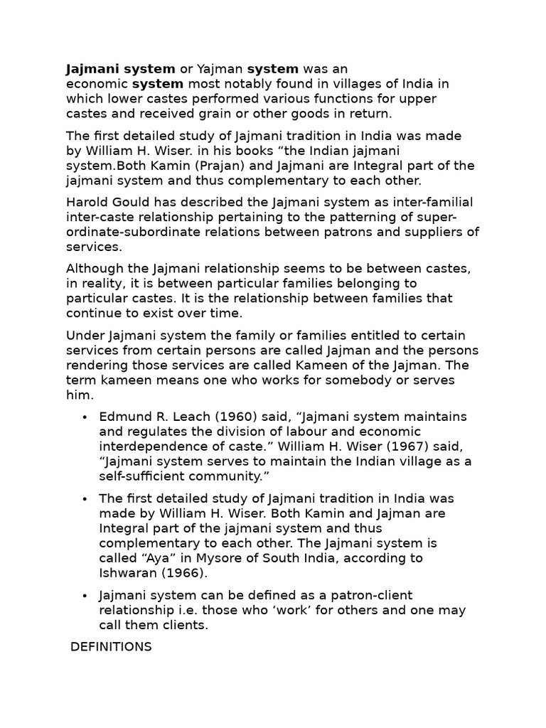 Characteristics of Jajmani System | PDF | Caste | Value (Ethics)