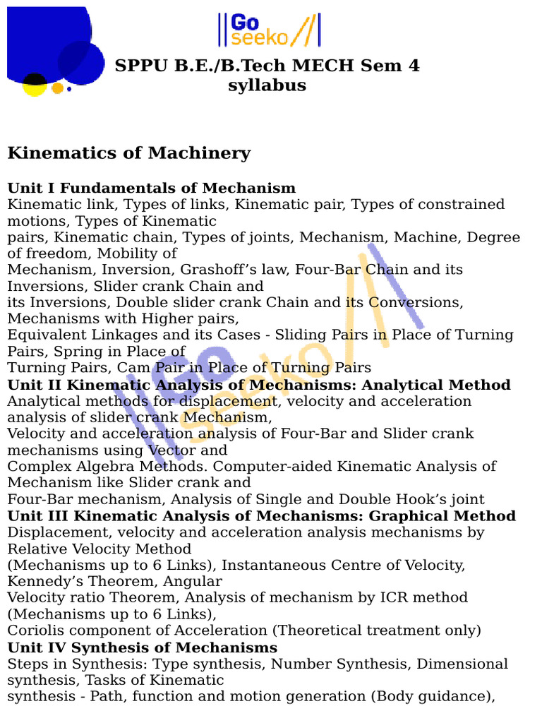 MECH Sem 4 Syllabus | PDF | Kinematics | Gear