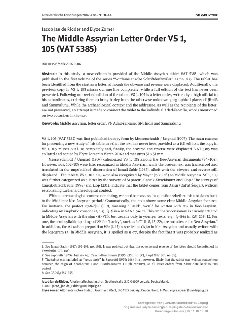 The Middle Assyrian Letter Order Vs 1, 105 (VAT 5385) - 2016 | PDF ...