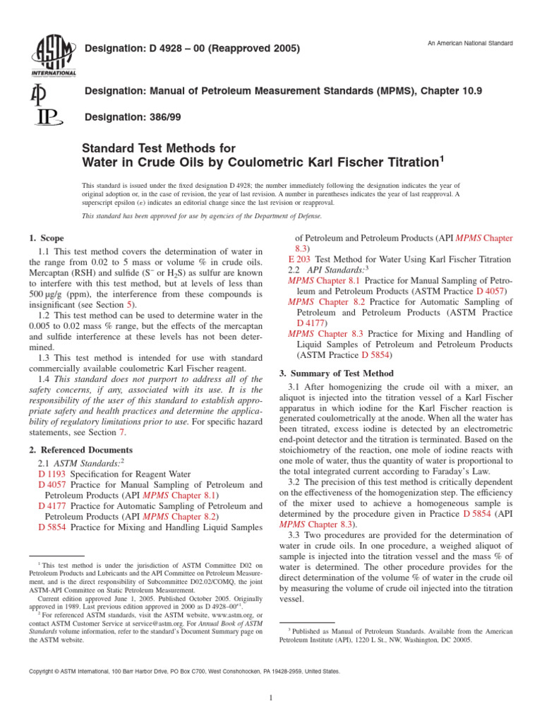 ASTM D4928: Water in Crude Oils Test | PDF | Titration | Chemistry