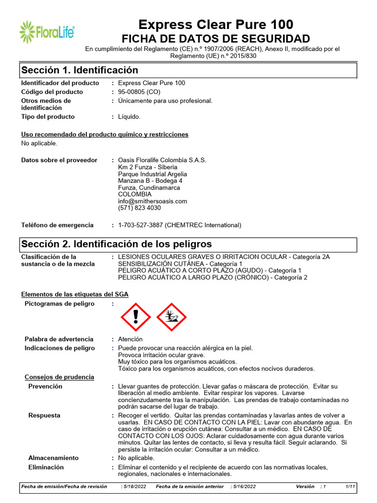 3 - FDS - Express Clear Pure 100 - CO UN SDS - Spanish - 05 18 2022 ...