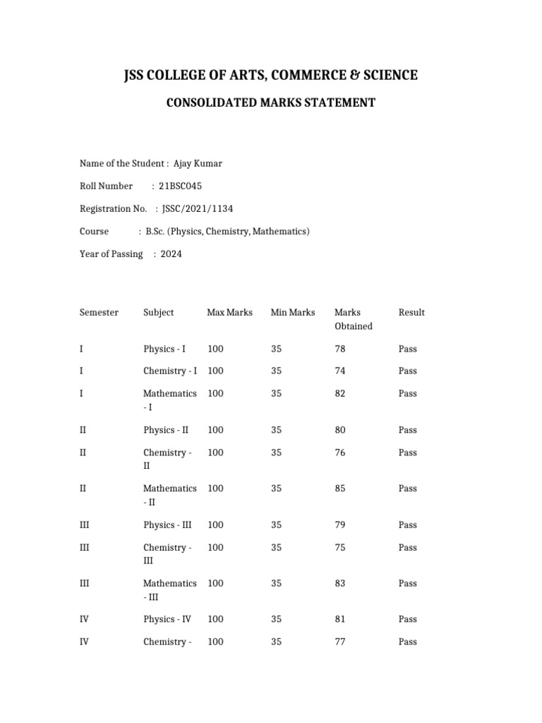 JSS BSC PCM Sample Marksheet | PDF