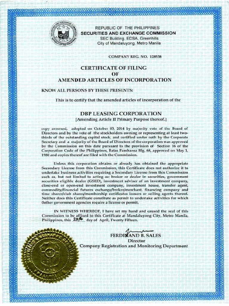 Certificate of Filing Amended Articles of Incorporation | PDF
