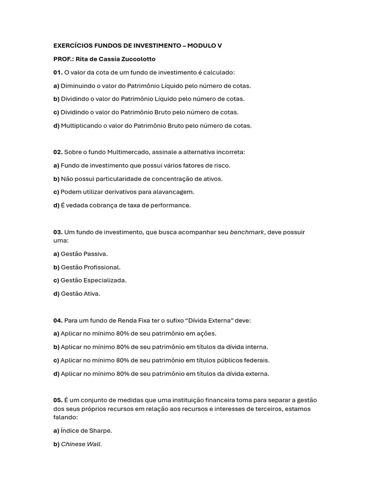 Exercícios sobre Fundos de Investimento | PDF | Renda fixa | Investimentos