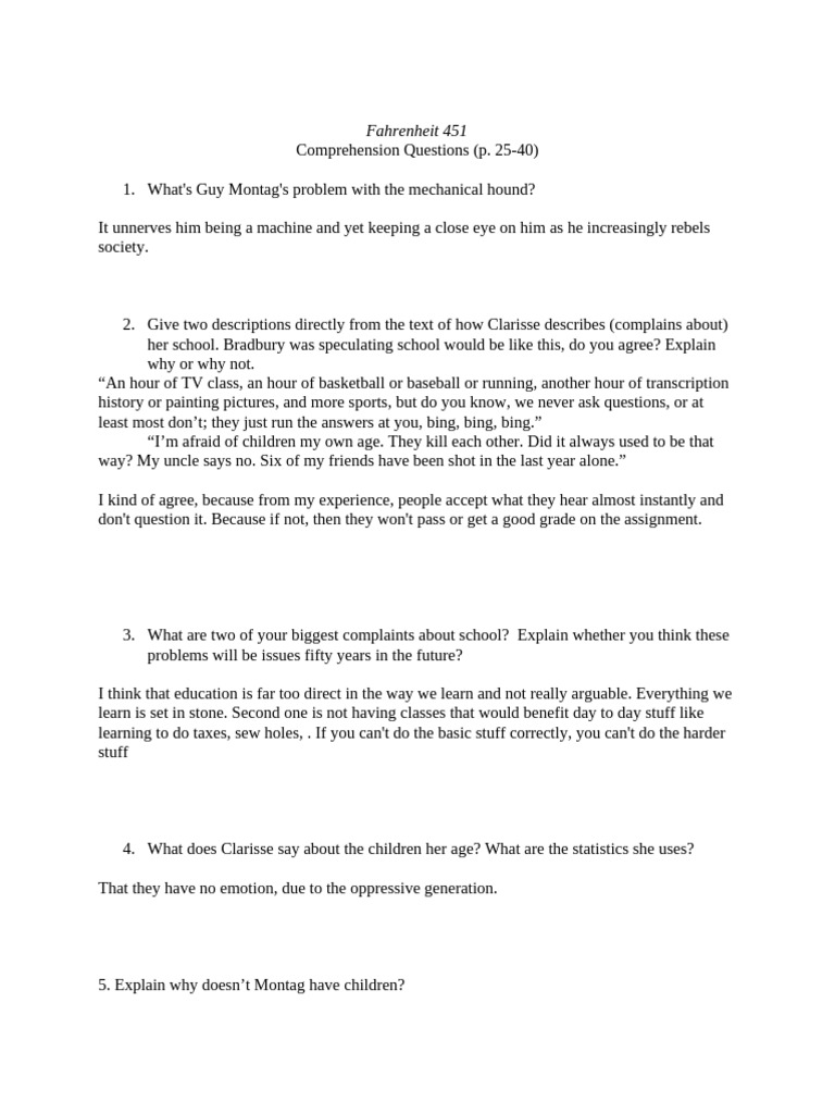 Fahrenheit 451 Discussion Questions 2 | PDF