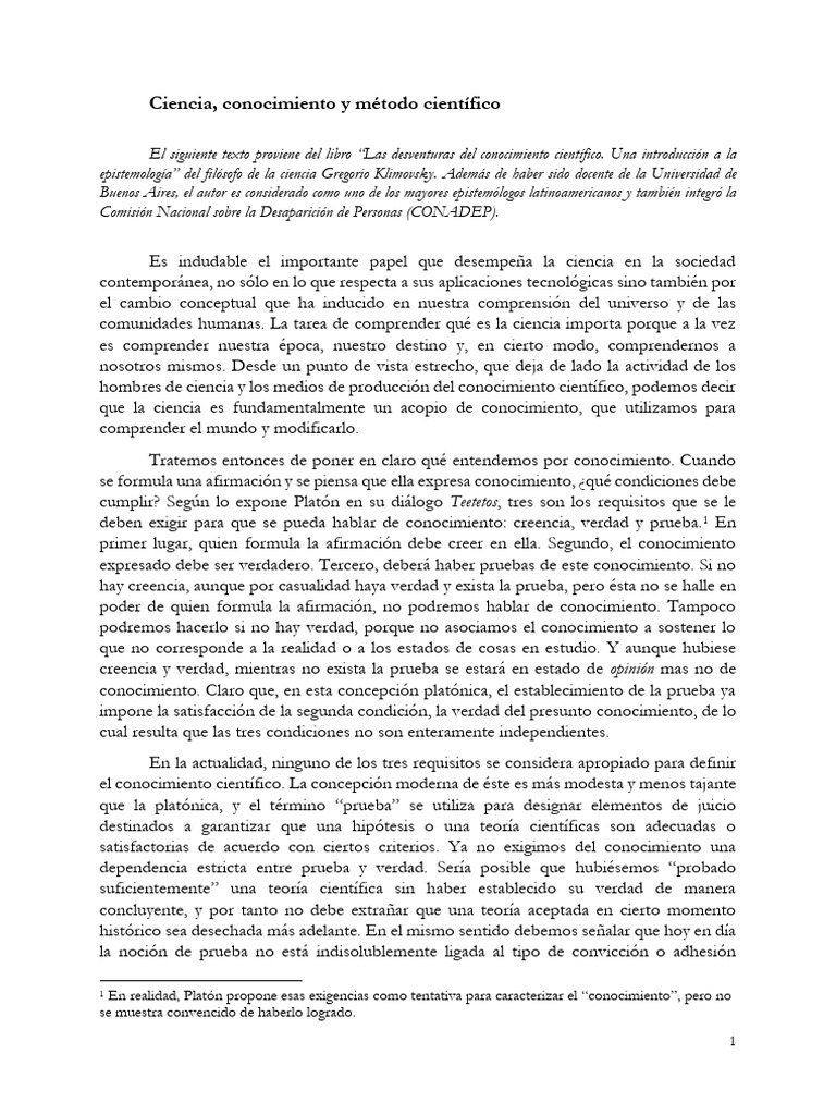 Ciencia, Conocimiento y Método Científico - Gregorio Klimovsky | PDF | Conocimiento | Verdad