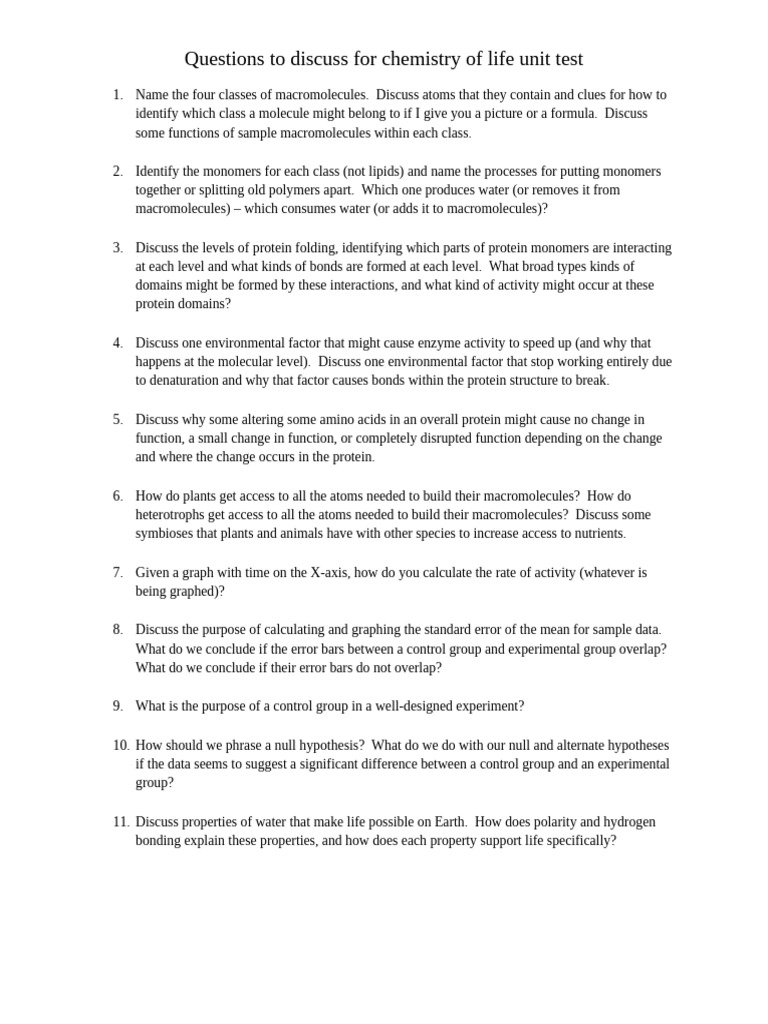 Chemistry of Life Key Questions | PDF | Macromolecules | Proteins