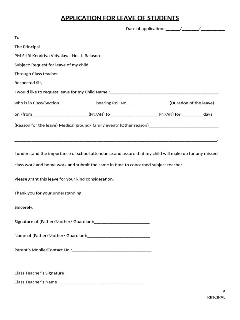 Student Leave Application Format | PDF