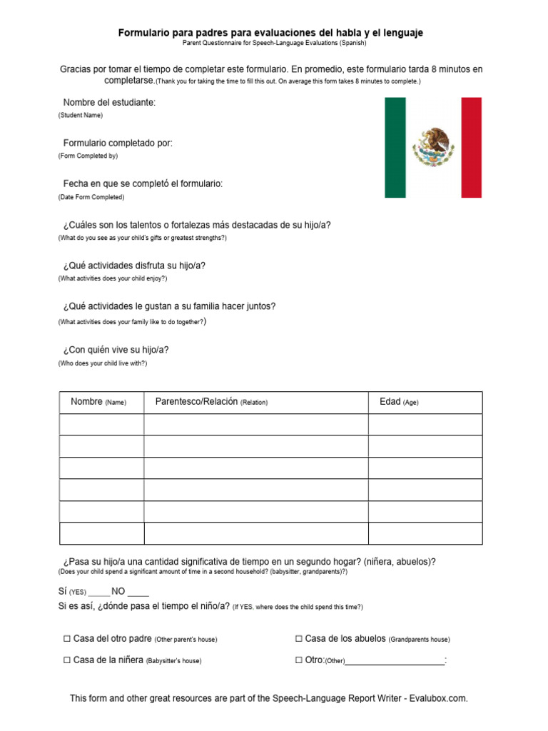 Spanish Parent Questionnaire For Speech Language Testing | PDF