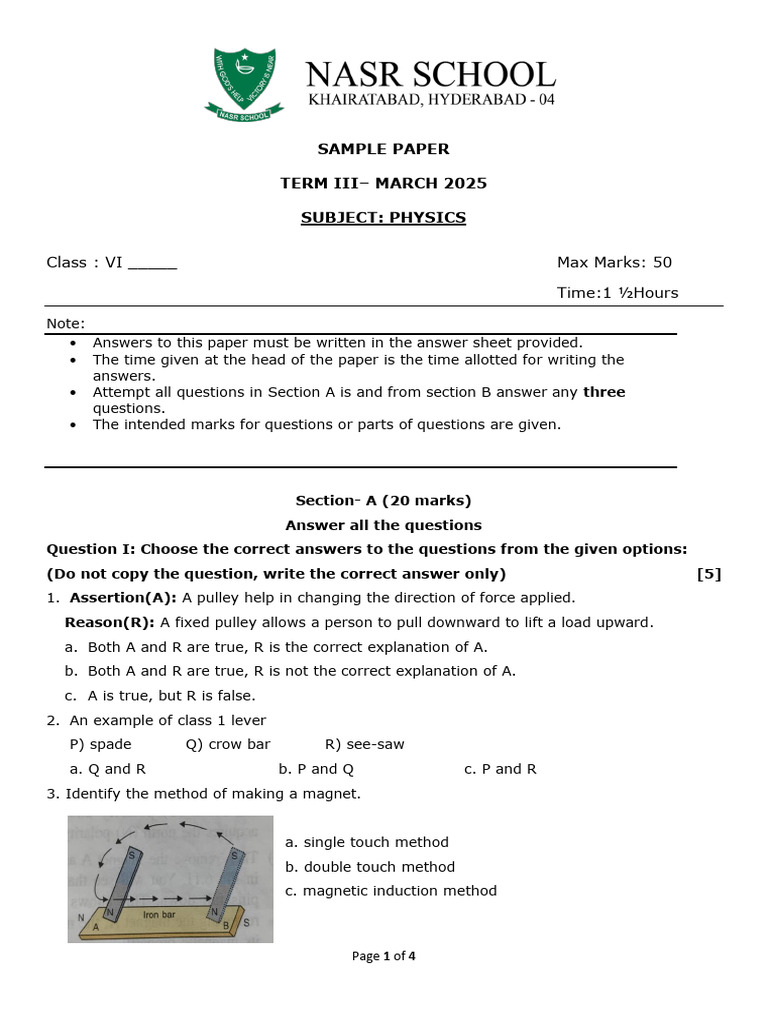 6th Physics Sample Paper | PDF | Lever | Quantity