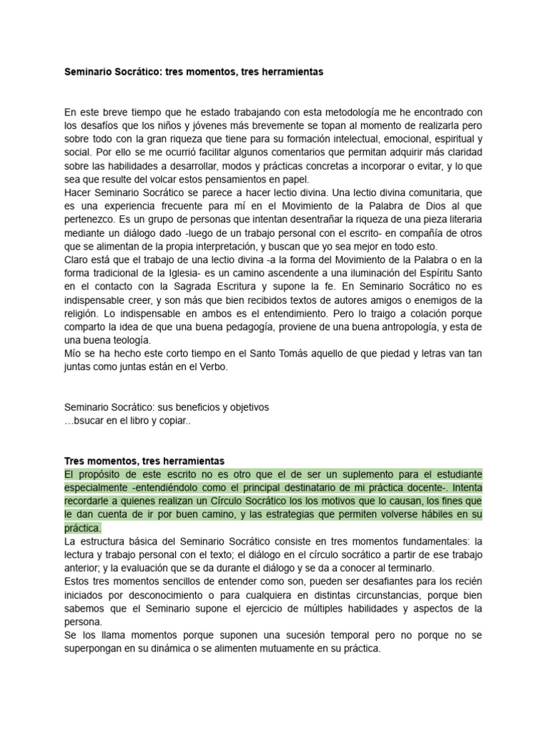 Seminario Socrático - Tres Momentos, Tres Herramientas | PDF | Lectio ...