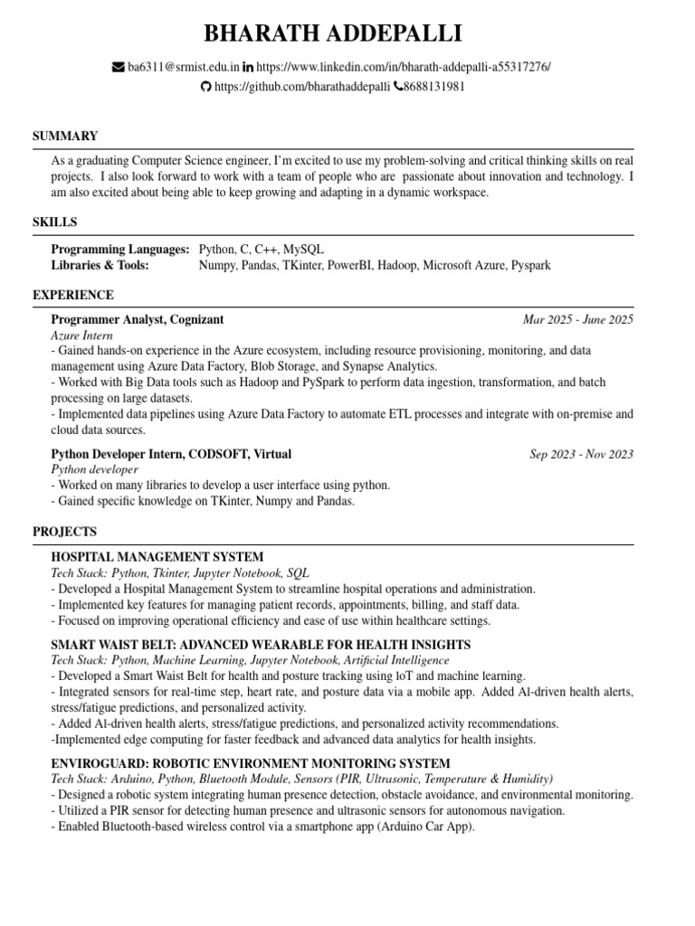 Bharath Updated Cts Resume | PDF | Microsoft Azure | Apache Spark