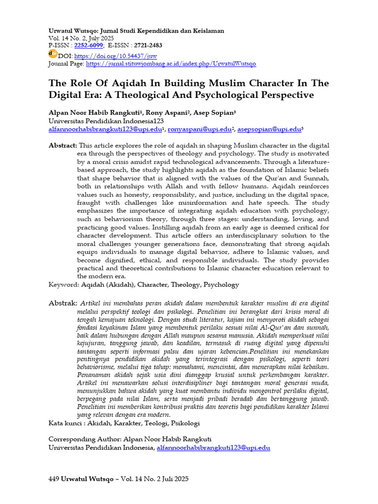 The Role of Aqidah in Building Muslim Character in | PDF | Psychology ...