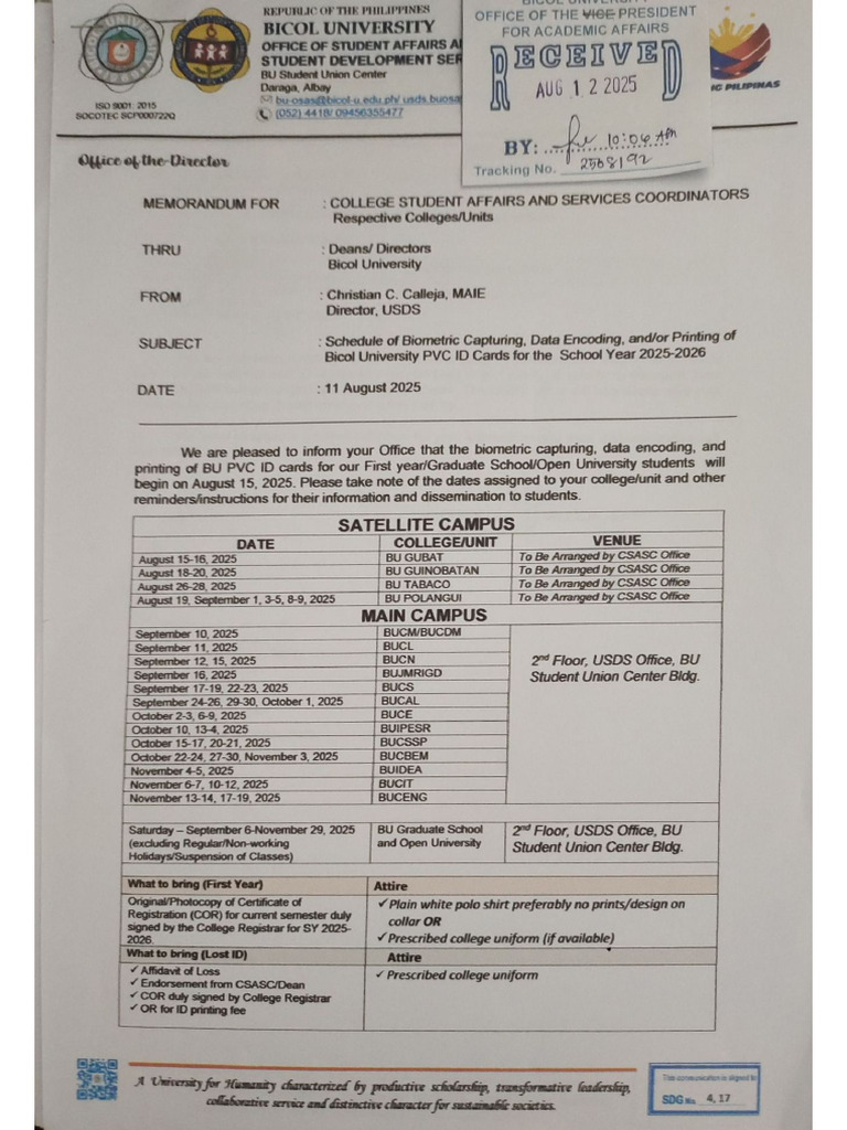 2025 Memo Schedule of Biometric Capturing ID | PDF