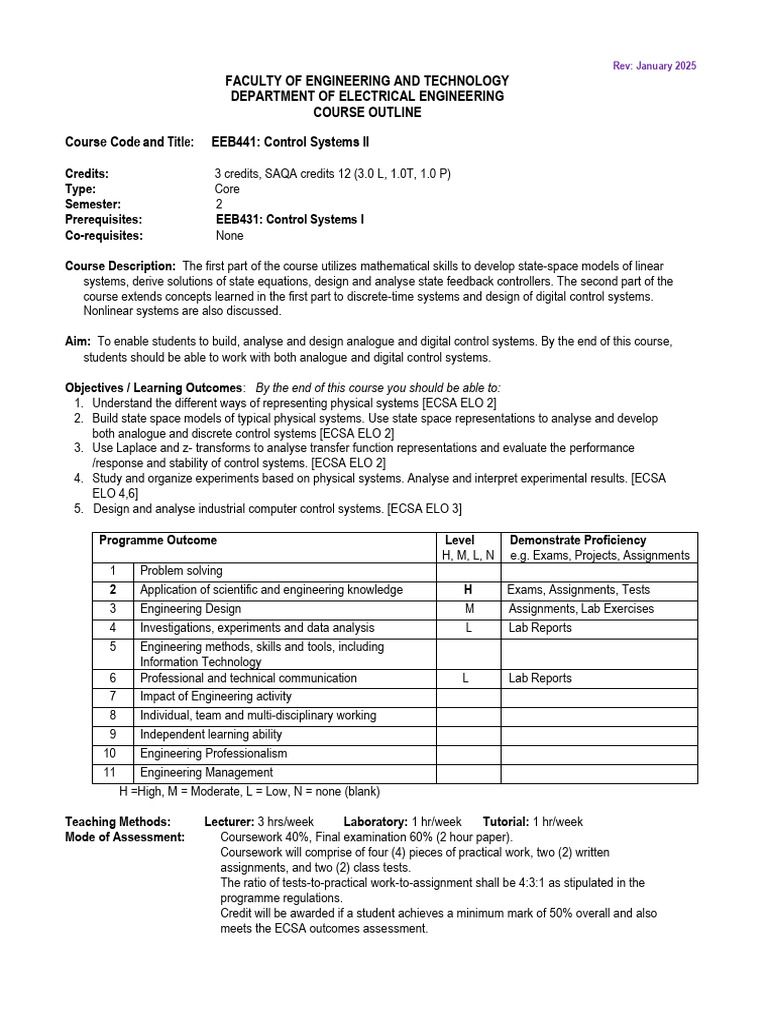 EEB441 Control Systems 11 Course Outline 2024-2025 Sem2 | PDF ...