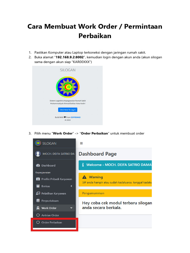 Panduan Membuat Work Order Perbaikan | PDF