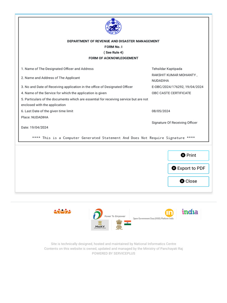 OBC Caste Certificate Acknowledgment Form | PDF