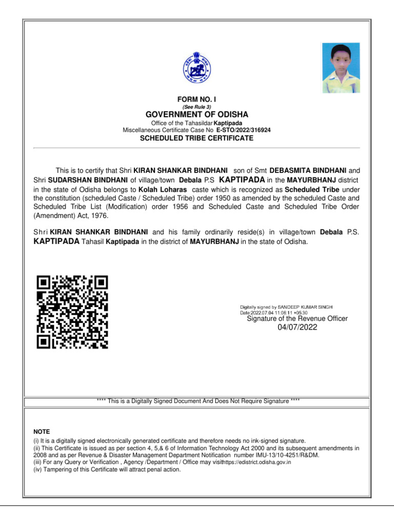 Schedule Tribe Certificate. | PDF