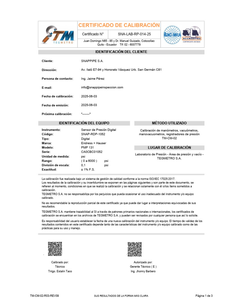 Certificado de Calibración SNA LAB RP 014 25 Signed Signed | PDF | Calibración | Presión