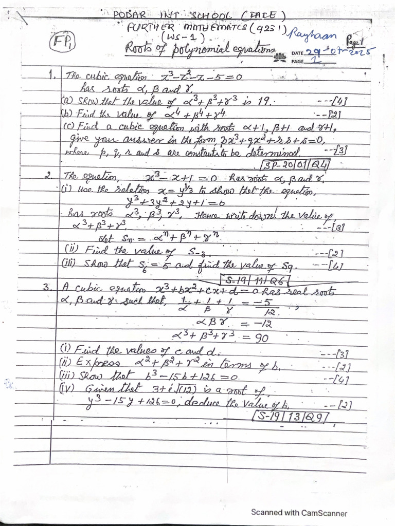Further Math Roots of Polynomials Worksheet | PDF