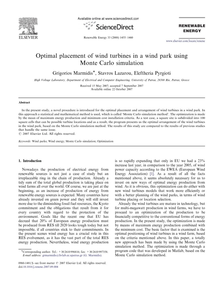 Optimal Placement of Wind Turbines in A Wind Park Using | PDF | Monte ...