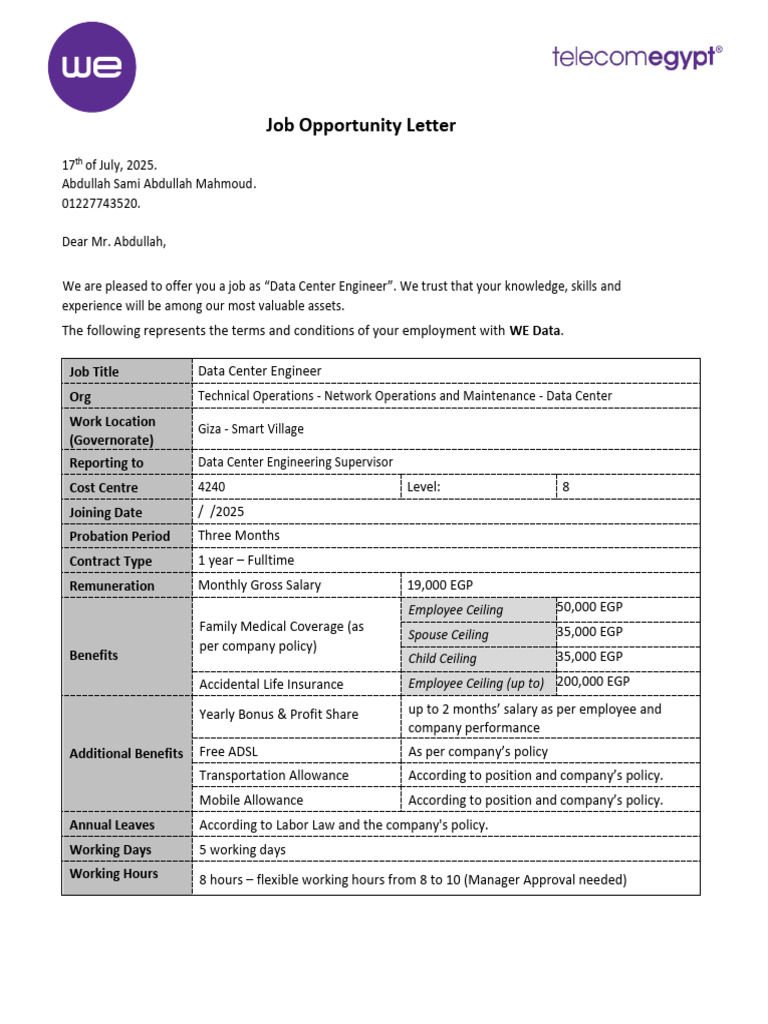 Job Opportunity Letter | PDF | Employment | Salary