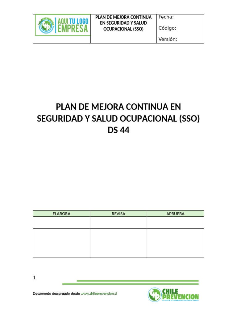 Plan de Mejora Continua en Seguridad y Salud Ocupacional (Sso) Ds 44 | PDF | Seguridad y salud ...