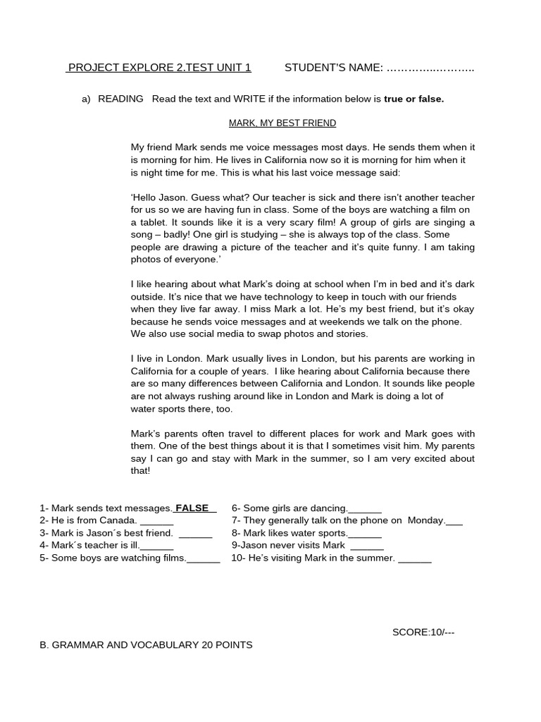 Project Explore 2 Unit 1 | PDF | Subject (Grammar)