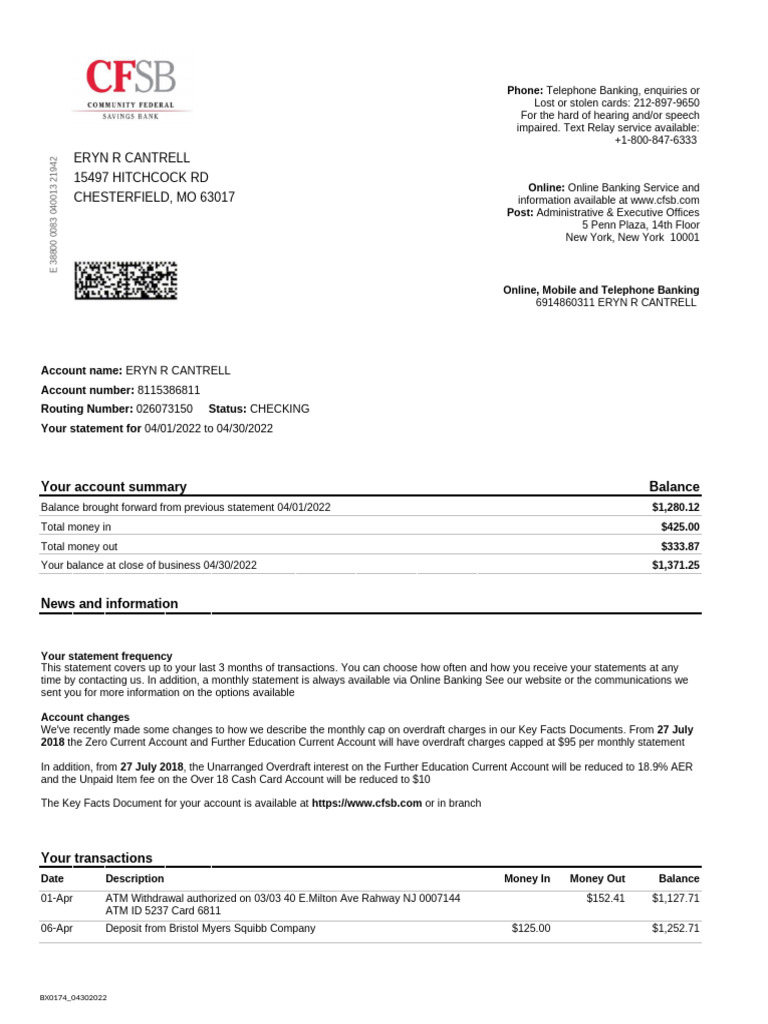 CFSB Bank Statement US | PDF | Overdraft | Transaction Account