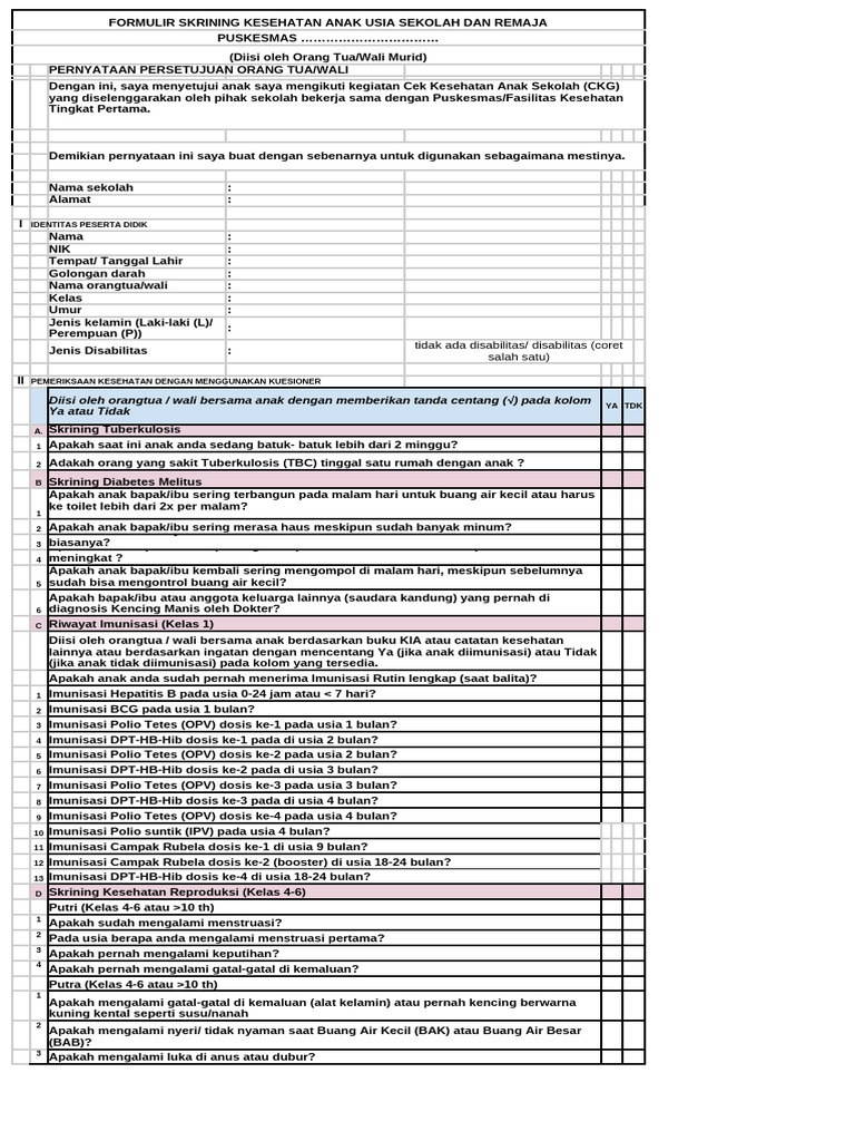 Form SKRINING PKG ANAK SEKOLAH | PDF