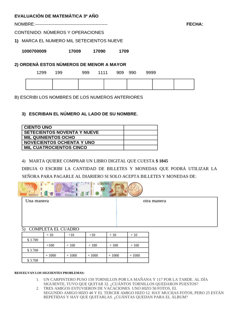 Evaluaciòn de Matemàtica 3º Añ1 | PDF