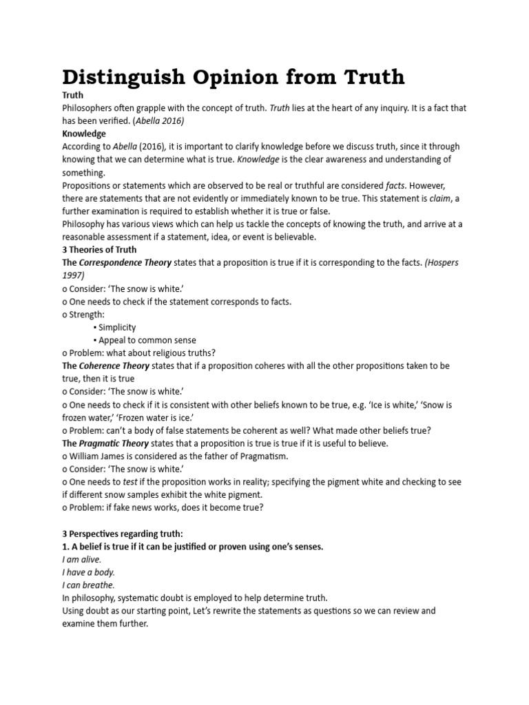 Understanding Truth vs. Opinion | PDF | Truth | Knowledge