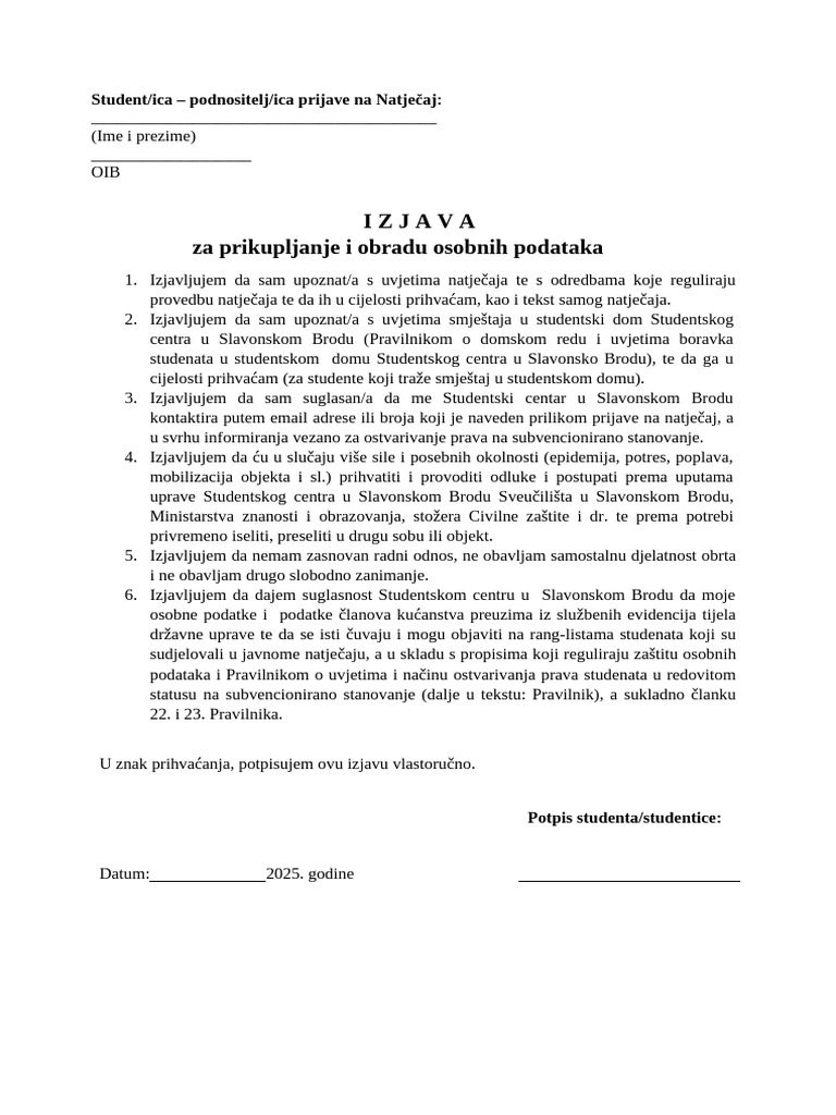 Izjava Za Prikupljanje I Obradu Osobnih Podataka 2025-2026 | PDF