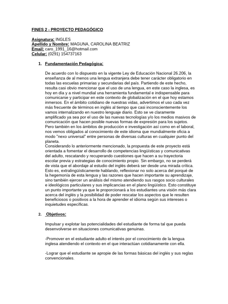 Proyecto Pedagógico de Inglés para Adultos | PDF | Aprendizaje | Idioma ...