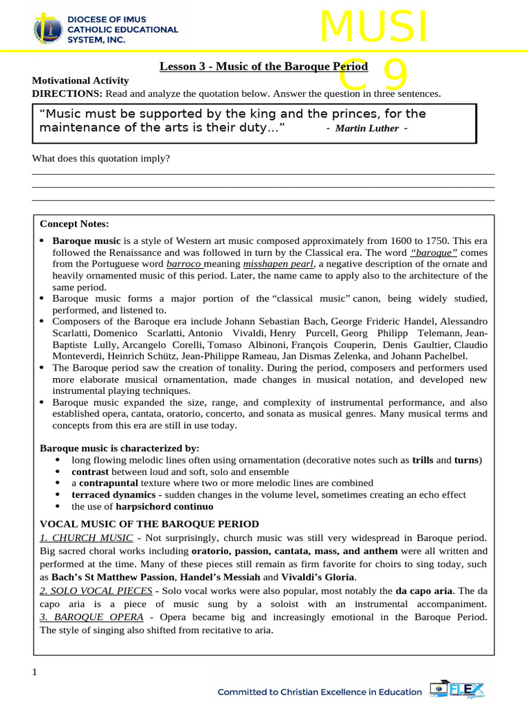 MUSIC 9 Lesson 3 Baroque Period | PDF | Baroque Music | Concerto