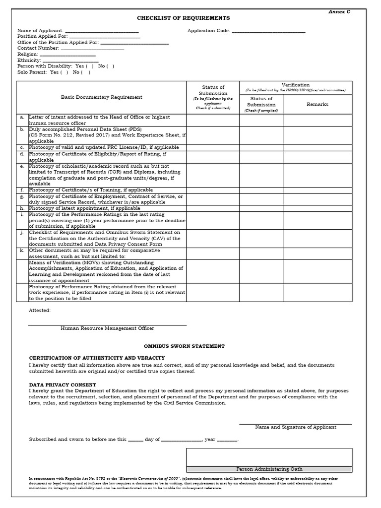 Annex C Checklist of Requirements and Omnibus Sworn Statement | PDF | Authentication